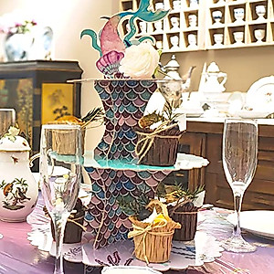 Ayearparty 3 Tier Cupcake Stand Mermaid Theme Table Decorations Cardboard Mini Cake Stand Holder Dessert Tower Round Serving Tray Under The Sea Baby Shower Birthday Party Supplies