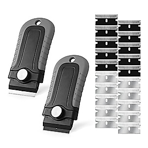 FOSHIO 2 Pack Grey Razor Blade Scraper with 20PCS Extra Razor Blades, Stainless Steel & Carbon Steel Single Edge Razor Blade Scraper Tool for Decals, Stickers, Labels, Caulk, Adhesive, Paint Removal