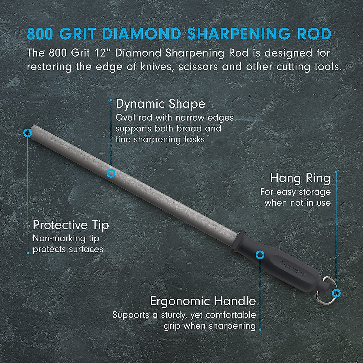 Messermeister 12” Diamond Oval Sharpening Rod - Knife Sharpener - Fast-Cutting 800 Grit Diamond Abrasive - Ergonomic Handle & Non-Marking Tip