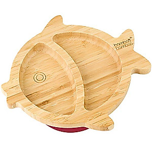 Bamboo Baby Plate with Suction - Kids and Toddler Suction Cup Plate for Babies, Non-toxic All-Natural Bamboo Baby Food Plate Stays Cool to the Touch for Baby-Led Weaning (Fish-Cherry)