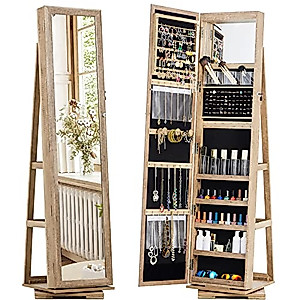 SERWALL 360 Rotating Jewelry Stand Organizer - Jewelry Armoire with Full-Length Mirror- Freestanding Dressing Mirror Jewelry Cabinet Storage - WOOD