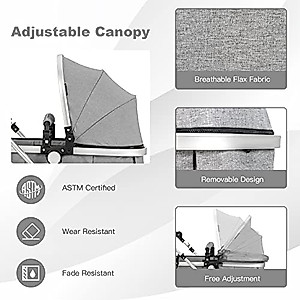 BABY JOY Baby Stroller, 2-in-1 Convertible Bassinet Reclining Stroller, Foldable Pram Carriage with 5-Point Harness, Including Cup Holder, Foot Cover, Diaper Bag, Aluminum Structure, Gray