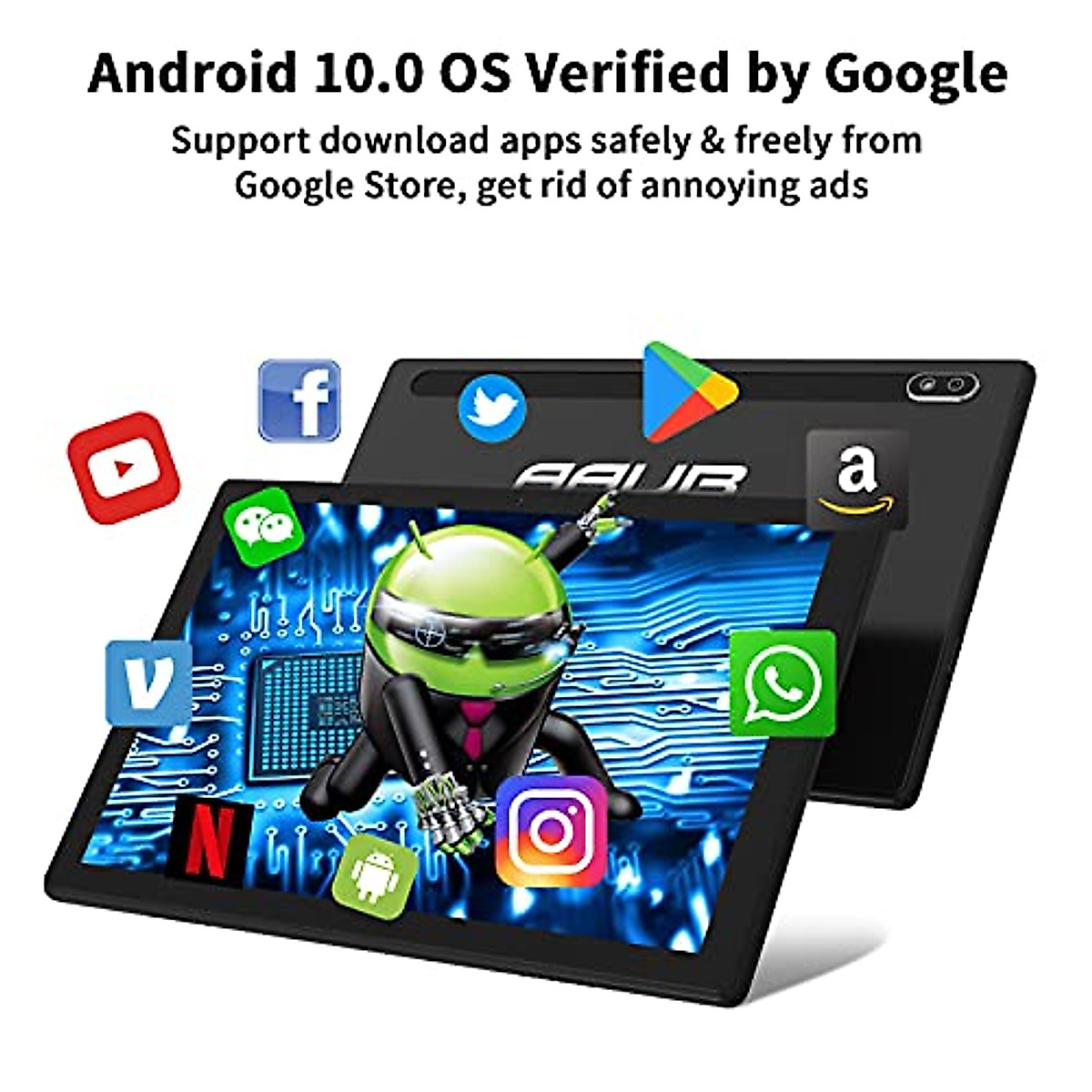 AAUB Tablet Android 10 Inch with 32GB Storage, 1280x800 HD Touchscreen, Dual Camera 2MP + 8MP,6000mAh Battery, WiFi & Bluetooth, Easy to Operate Support Microsoft Office Software Black