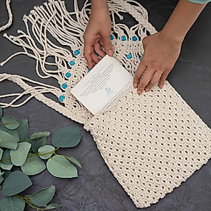 Macrame Bag for Women & Girls, Crossbody Crochet Purse for Women with Beads, White Fishnet Bohemian Style Braided Macrame Handbag for Fashion & Everyday Use, Beige