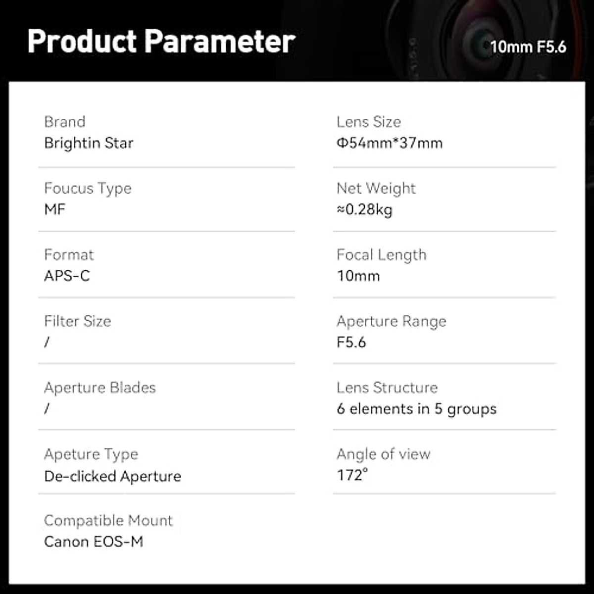 Brightin Star 10mm F5.6 Fisheye Wide Angle APS-C Manual Foucus Mirrorless Camera Lens, Fit for Canon EOS-M Mount M, M2, M3, M5, M6, M10, M100, M50, M200 (Silver)