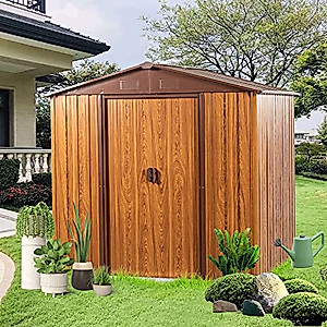 6.36 x 5.7ft Outdoor Metal Storage Shed with Floor Frame, Sliding Doors, Sun Protection, Waterproof Tool Storage Shed for Garden, Patio, Lawn,Backyard  (Brown & Wood Grain-No Window)