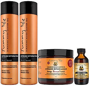 Sunny Isle Jamaican Black Castor Oil Extreme Hydrating Shampoo & Conditioner 10.1oz, Intensive Repair Masque 16oz and Extra Dark JBCO 2oz, 4-Piece Hair Growth Repair Bundle