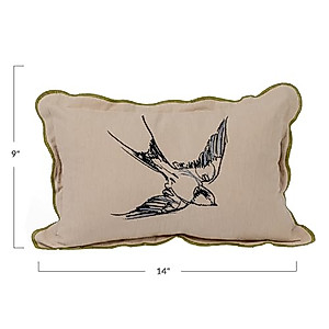 Creative Co-Op 14 Inches Cotton Chambray Printed Lumbar Bird, Embroidery, Patterned Back and Scalloped Edge, Multicolored Pillow, Natural