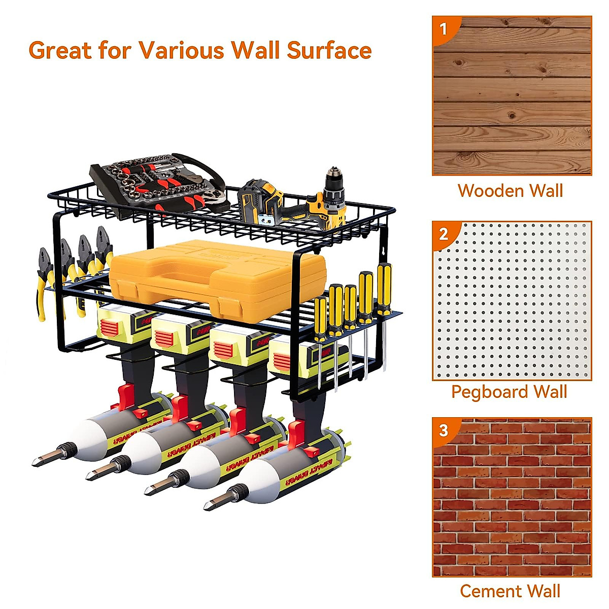 Grandhom Power Tool Organizer,Cordless Drill Rack Wall Mount,Drill Holder with 4 Drill Hanging Hooks,3 layers Metal Drill Storage Rack with Screwdriver Holder and Pliers Rack,Black