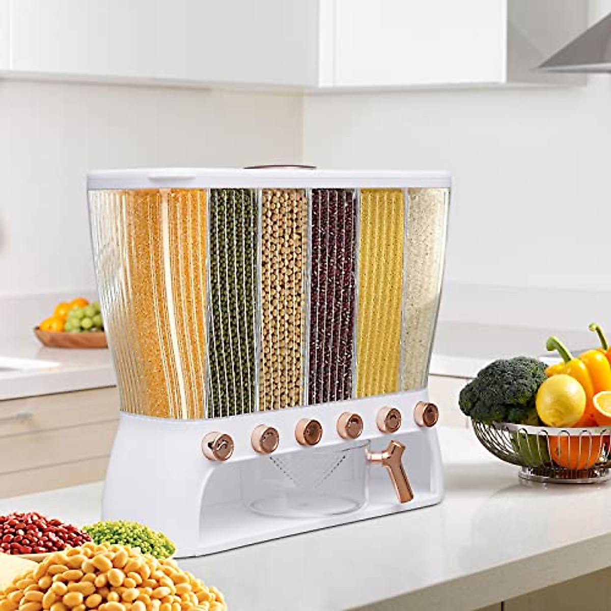 Gdrasuya10 10KG Rice Dispenser, 6-Grid Kitchen Grain Container Storage with Lid, One-Click Output Dry Food Storage with Measuring Cup for Rice, Cereal, Flour, Beans