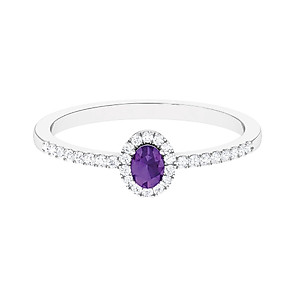 Rosec Jewels Natural Amethyst Minimal Halo Ring| 3X5 MM Oval| AAA Quality| Engagement Ring for Women, 14K White Gold, Size:US 10.00