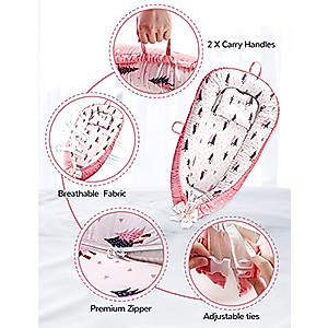 GIEFRNE Baby Lounger Baby Nest Co-Sleeping for Baby 0-12M, Soft Breathable Cotton Adjustable Newborn Bassinet Mattress Portable Infant Floor Seat Baby Registry Search (Pink)