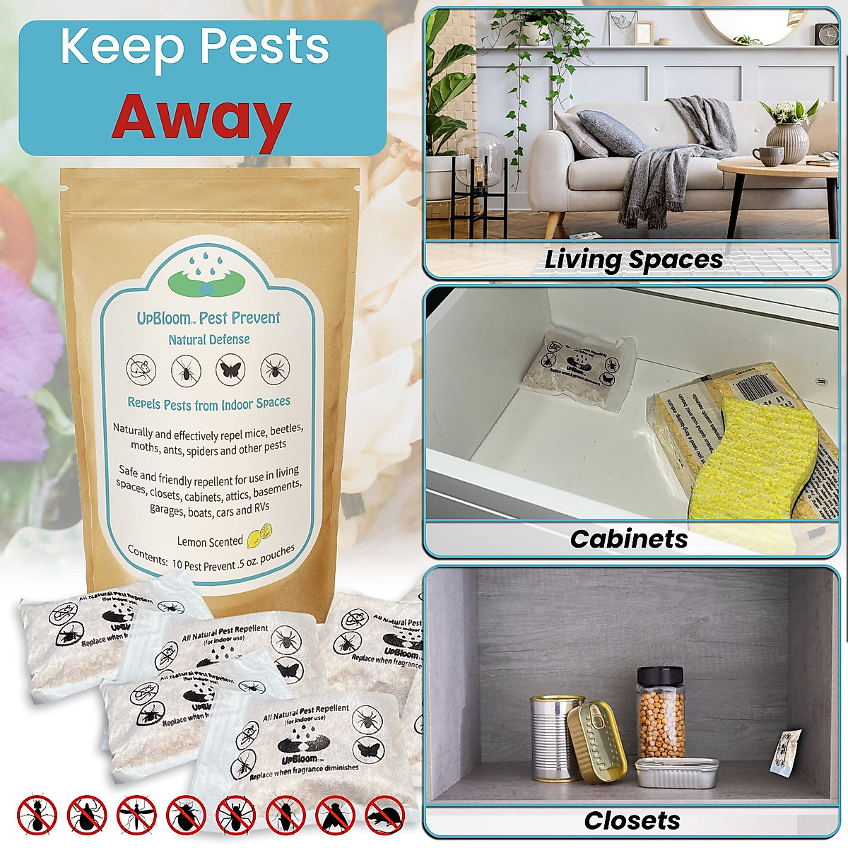 UpBloom | Pest Prevent All-Natural Pest Repellents – Home and Garage Defense from Mouse, Spider, Roaches, and Insects – 10 Pest Control and Repeller Pouches for Pest Defense and Insect Pest Control