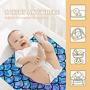 Ykklima Baby Changing Pad, Ombre Mermaid Teal Purple Fish Scale Pattern Change Mat for Diaper Change Waterproof Cotton Portable Reusable Washable for Home & Travel (20 x 28 Inches)