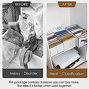 2 Pcs Wardrobe Clothes Organizer with Support Board- Foldable Mesh Closet Storage Large 7 Grids Divider Drawer Organizers Washable Compartment Box for Jeans T-shirt Pants Legging (L-7Grids), White