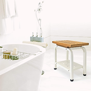 Aman Shower Bench, Teak & Aluminum Shower/Bath/Spa/Patio Stool Bench, Chair/Side Table with Storage Shelf for Indoor/Outdoor, Adjustable TPR Foot Pads, B101/BGE (Light Beige)