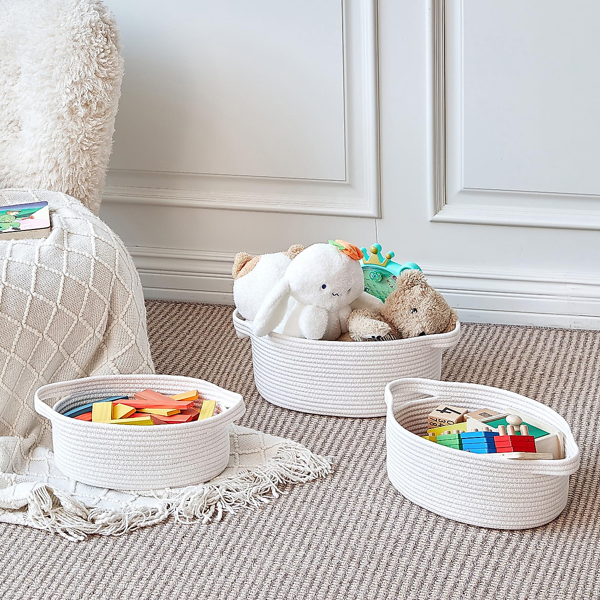 R RUNKA White Storage Basket Set of 3, Soft Woven Cotton Rope Shelf Baskets with Handles,Organizer Basket Sets for Laundry, Toys, Books and Towels