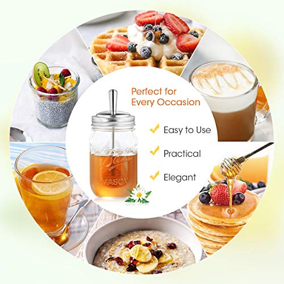 AIEVE Mason Jar Honey Dipper Lid, 2 Pack Honey Dispenser with Canning Lid, Metal Honey Stirrers Lids, Honeycomb Stick Wand for Regular Mouth Mason Ball Kerr Jars Honey Pot Containers