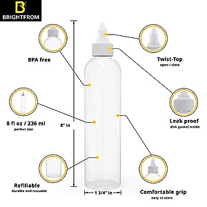 BRIGHTFROM Twist Top Applicator Bottles, 8 OZ Crystal Clear, Squeeze Empty Plastic Bottles, BPA-Free, PET, Refillable, Open/Close Nozzle - Multi Purpose (Pack of 3)