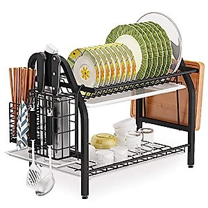 1Easylife Dish Drying Rack, 2 Tier Dish Rack Stainless Steel with Utensil Knife Holder and Cutting Board Holder Dish Drainer with Removable Drain Board for Kitchen Counter Organizer Storage