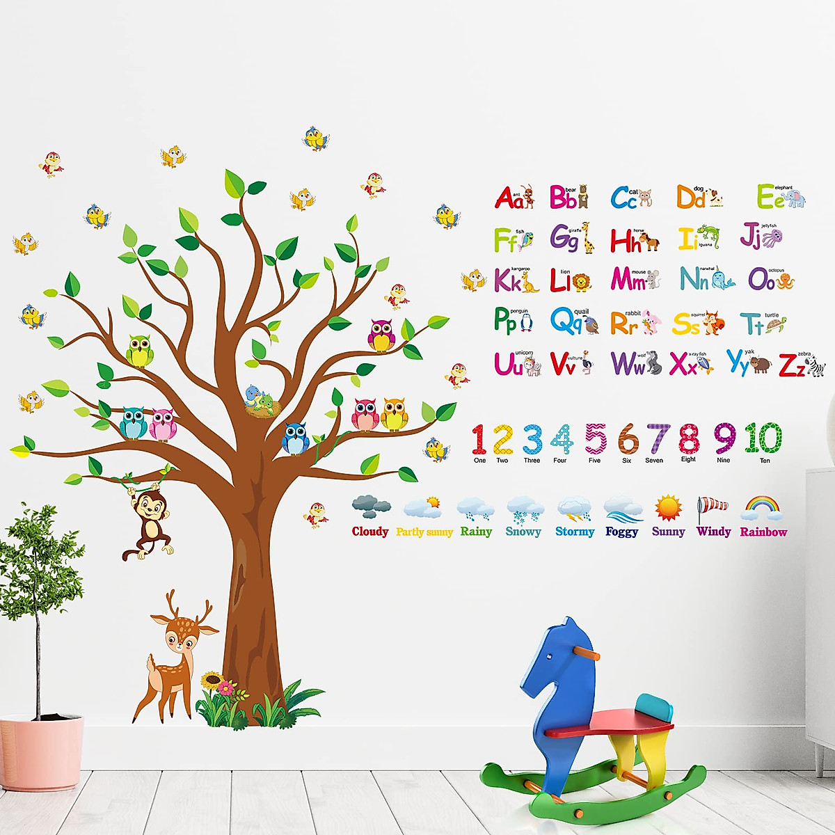 4 Sheets Number Wall Decals Numbers Learning Children Wall Decals Alphabet Wall Stickers ABC Numbers Weather Tree Wall Decals Animal Wall Decals for Kids Bedroom Classroom Playroom Wall Decor