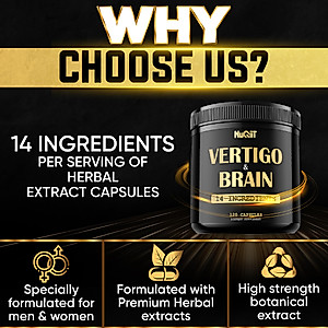 NUQIIT Vertigo & Brain Supplement with Ginkgo Biloba Leaf 10500mg Lions Mane 4500mg & More - Support Memory, Focus & Brain Health - 120 Capsules for 2-Month Supply