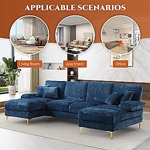 OUYESSIR Chenille U-Shaped Sectional Sofa Couch, 4 Seat Sofa Set for Living Room with 4 Pillows, 114" L-Shaped Chenille Sleeper Couch Set with Double Chaise Lounge (Blue)