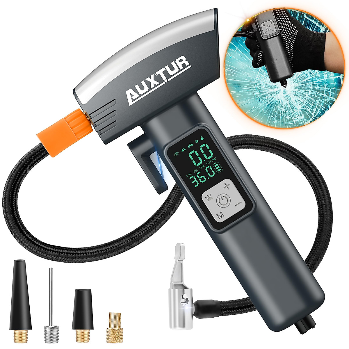 AUXTUR 6IN1 Vehicle Tire Inflator Portable Air Compressor|Escape Tool with Safety Hammer and Seat Belt Cutter|Car Tire Air Pump with LED Light|Digital Tire Pressure Gauge|Car Accessories for Emergency