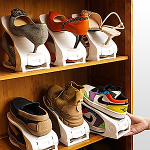 Yashong Shoe Slots Organizer, 16PCS No Assembly Required Thickening Adjustable Double Layer Stack Shoe Rack, 50% Space-Saving Storage Rack Holder, White