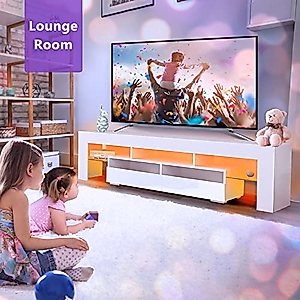 TV Stand with LED Lights for 60/65/70 Inch TV, Modern Gaming Entertainment Center, High Gloss Television Stands Media Console with Glass Shelves and 2 Drawers for Living Room, Bedroom, White
