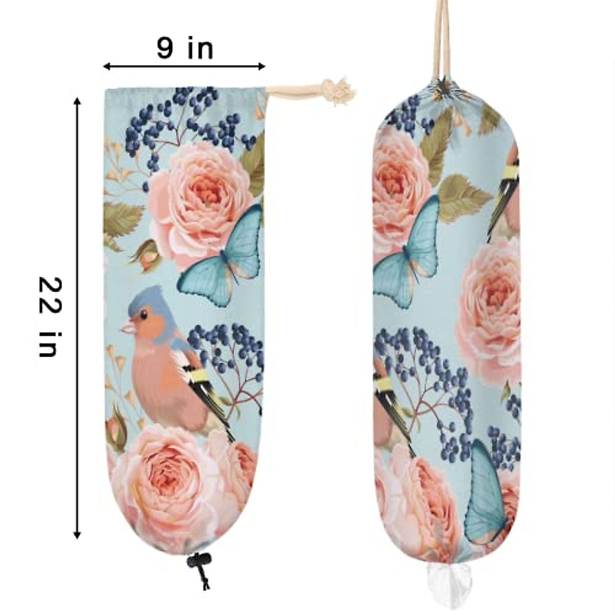 Flowers Large Grocery Bag Holder, Plants Butterfly Bird Plastic Bag Organizer with Hanging Loop Washable Grocery Bag Storage Dispenser for Home Kitchen Office Travelling Pantry Decor