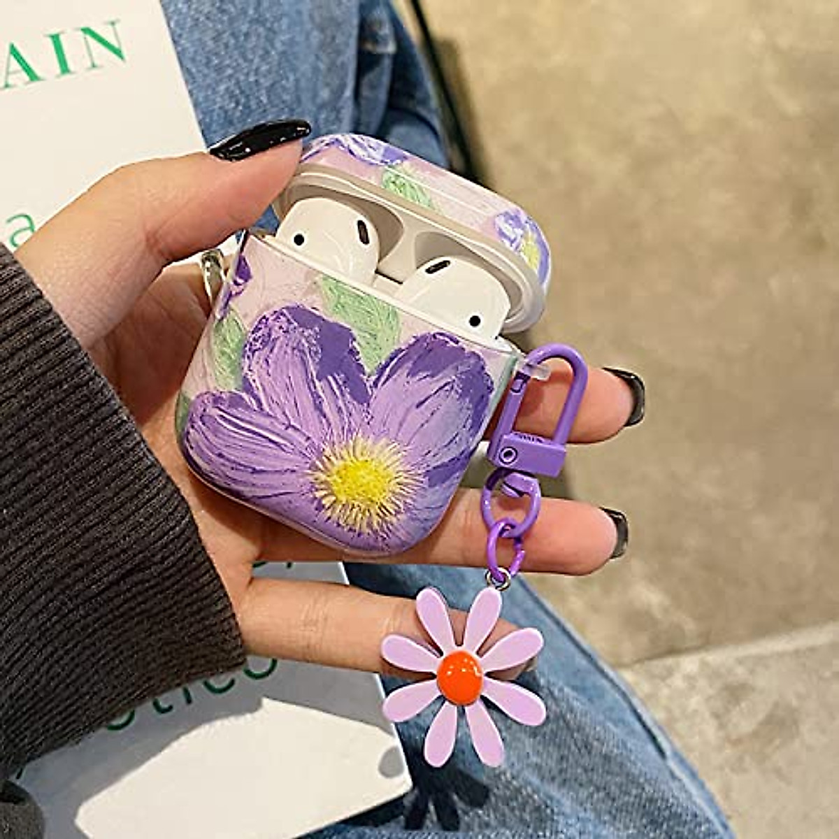 Lovmooful AirPods Case for Airpods 2 & 1, Cute Oil Painting Flower Pattern with Flower Keychain Design Cover for Women Girls Shockproof Protective TPU AirPods 1&2 Charging Case - Purple2