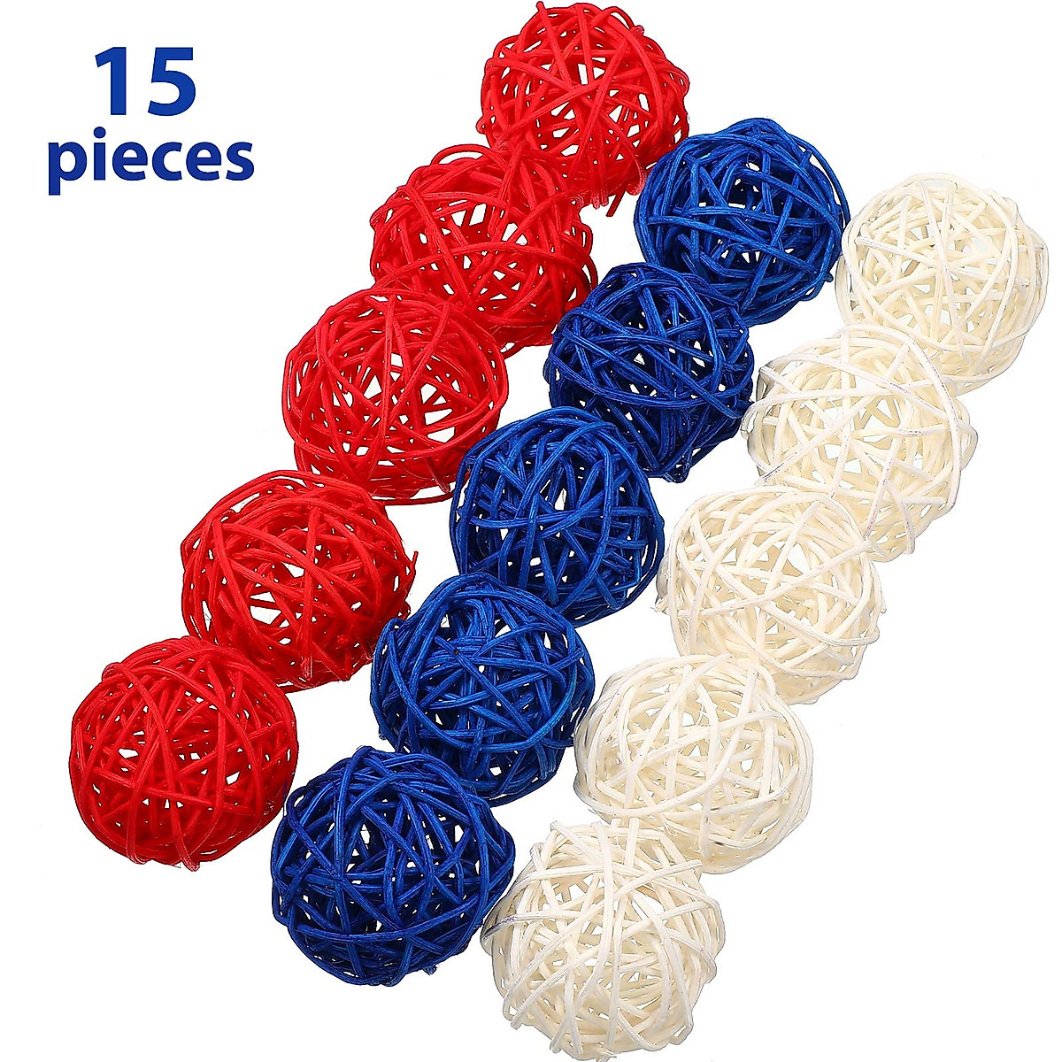 15 Pieces 1.8 inch 4th of July Wicker Rattan Balls Patriotic White Blue Red Decorative Ball Vase Bowl Fillers Natural Sphere Orbs Table Decoration for Independence Memorial Day Home Garden Party Decor