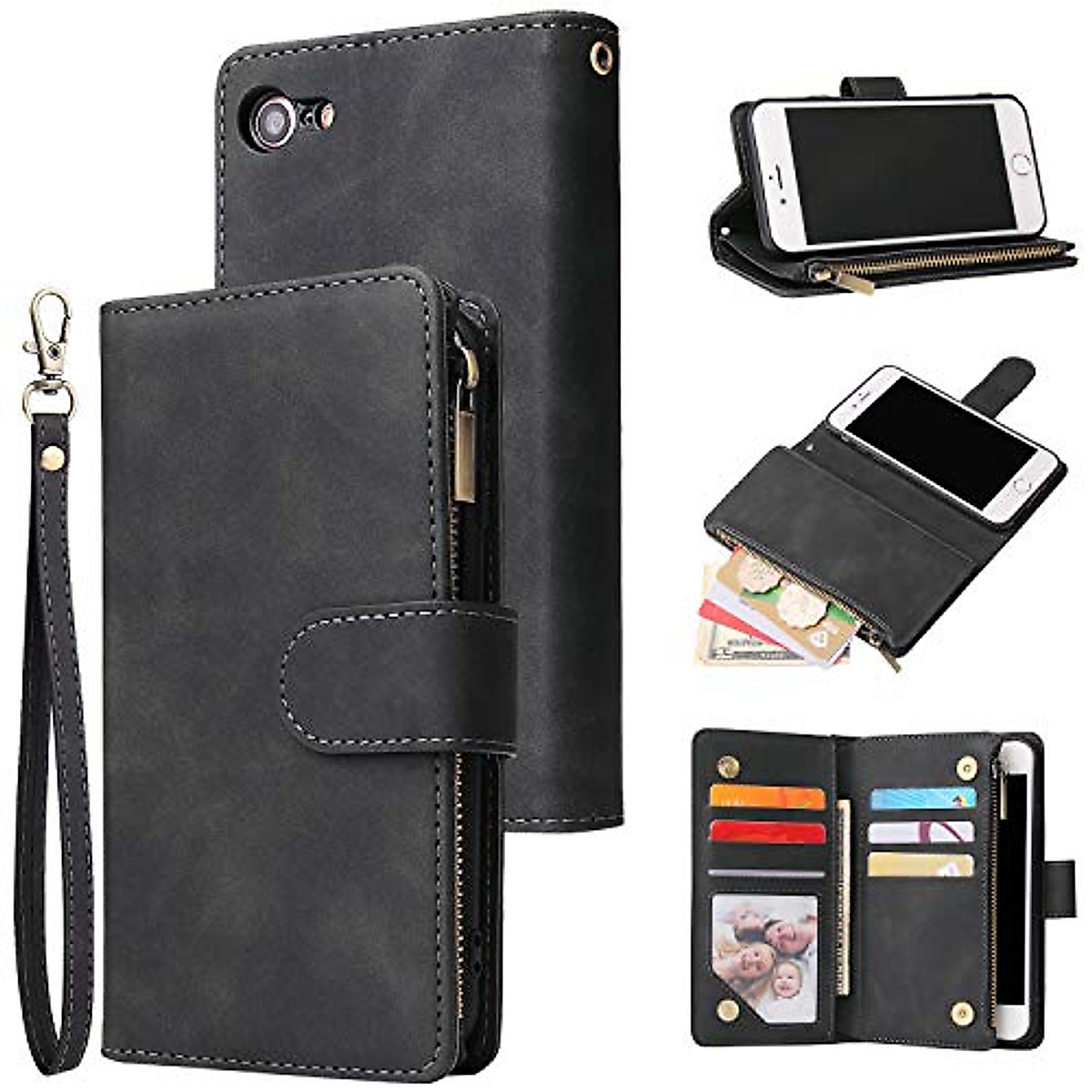 UEEBAI Wallet Case for iPhone SE 2022 5G/iPhone 7/iPhone 8/iPhone SE 2020, Premium PU Leather Magnetic Handbag Zipper Pocket Card Slots with Wrist Strap Flip Case for iPhone SE3/SE2 - Black