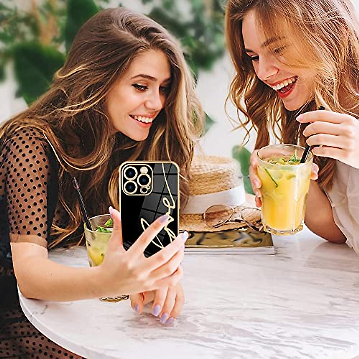 Bonoma Case Love Letter Graphic Plating Luxury Elegant Camera Protector Soft TPU Four Corner Cushion Back Cover Compatible with iPhone 14 Pro Max -Black