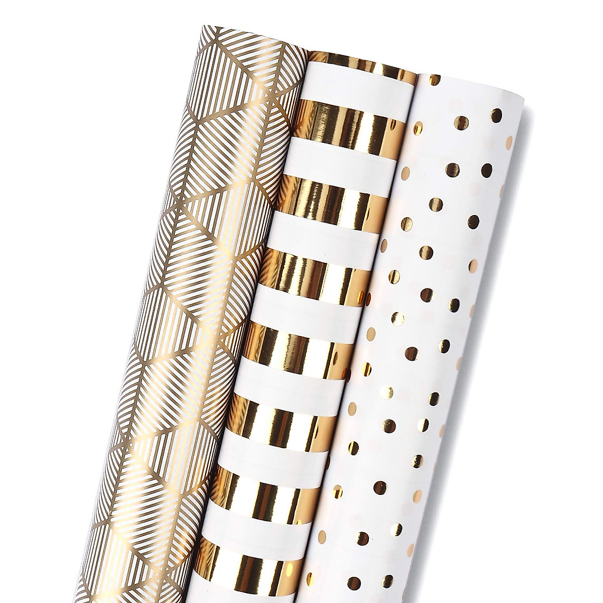 MAYPLUSS Wrapping Paper Roll - Mini Roll - 17 inch X 120 inch Per roll - White & Gold Foil Design (42.3 sq.ft.ttl)