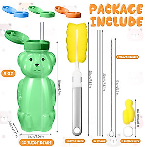 Zubebe 12 Pack Honey Bear Straw Cups Bulk with 24 Flexible Straws and Cleaning Tools, 8 Oz Therapy Sippy Bottles for Speech and Feeding Training Daily Drinking Supplies (Green, Orange, Blue)