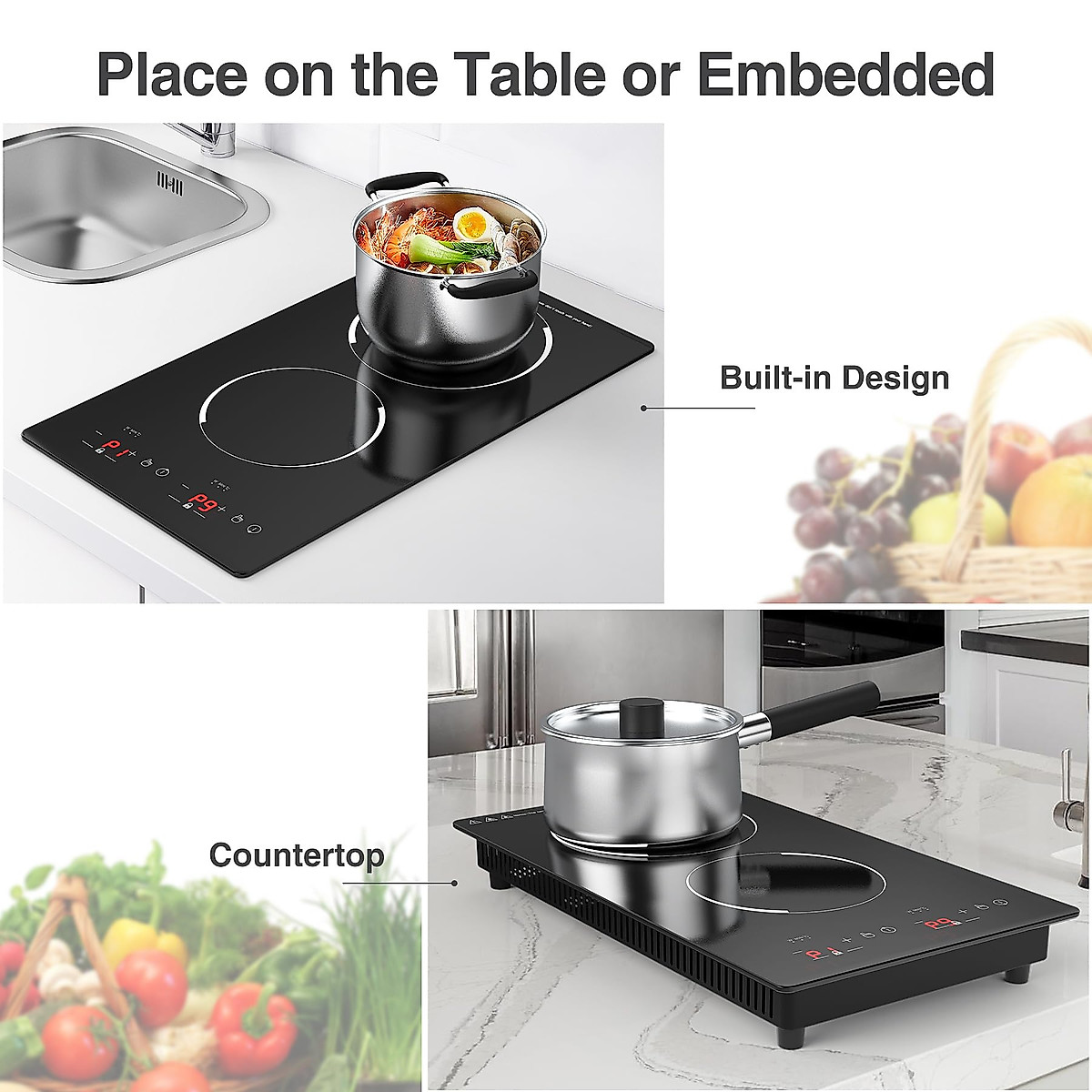 GIHETKUT Double Induction Cooktop, 110V Electric Cooktop 2300W Electric Stove Top with 2 Burner Independent Control, Ultrathin Body, 9 Temperature, Multiple Power Levels, 2 Hour Timer, Safety Lock