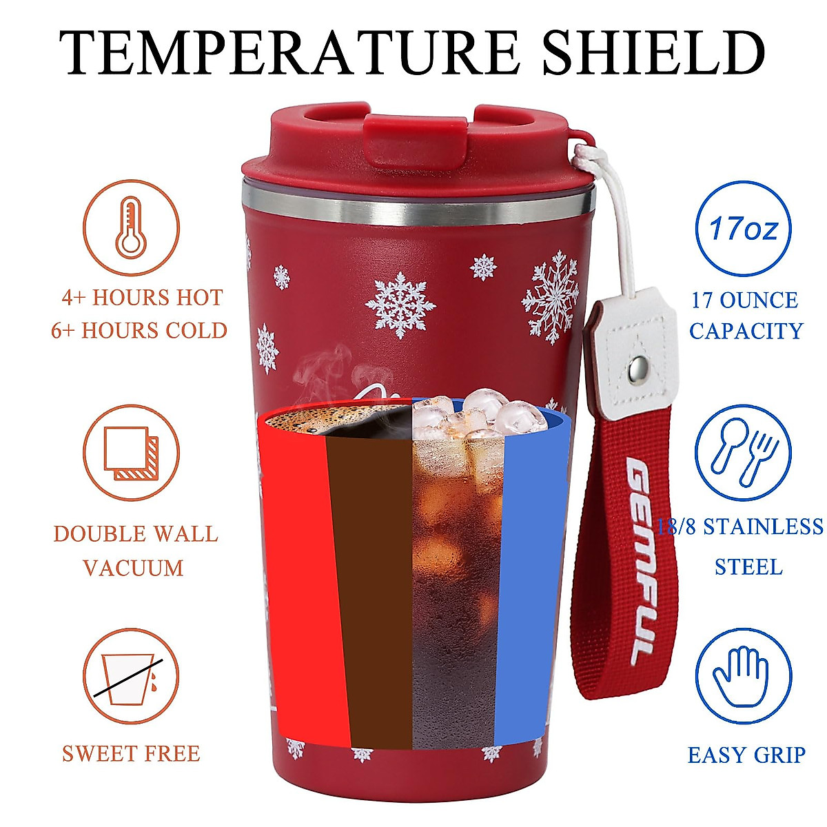 GEMFUL Coffee to go Cup for Her or Him 17oz Double Walled Vacuum Leak Proof Coffee Mug for Hot Drinks