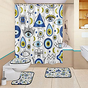 4PCS Abstract Eyes Pattern Shower Curtain Set with Non-Slip Rugs, Toilet Lid Cover and Bath U-Shaped Mat, Bathroom Decor Set Accessories Waterproof Shower Curtain Sets with 12 Hooks