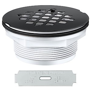 4-1/4" OD Shower Drain Assembly, Snap in Shower Base Drain and Matte Black Round Grid Strainer Cover, Fits 2 in. Schedule 40 ABS and PVC Pipes, Stainless Steel Cap, ABS Drain Base