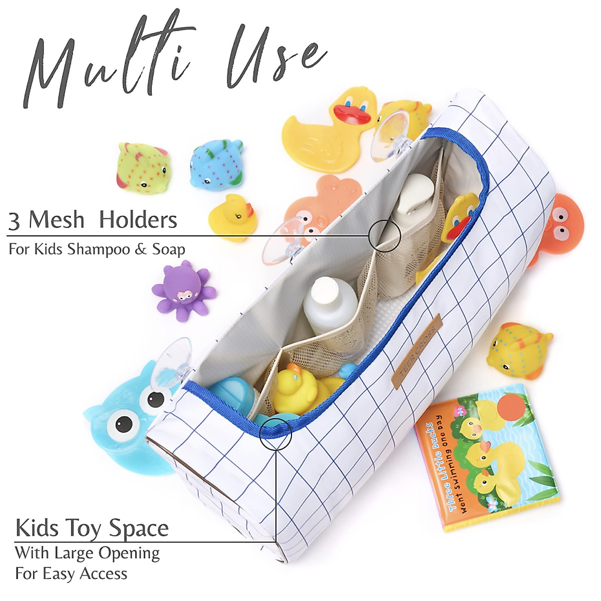 Large Bath Toy Storage with A Quick Dry Mesh Base. Sturdy Bath Toy Holder with 3 Strong Suction Cups. The Bath Toy Organizer Keeps Your Bathroom Tidy. Bathtub Toy Holder (Blue Check)