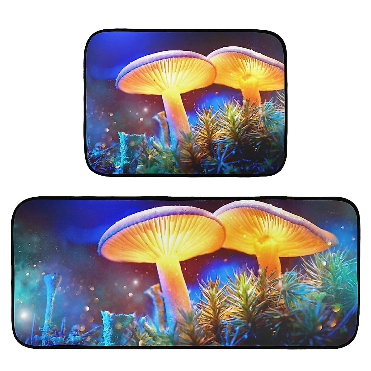 Emelivor Fantasy Glowing Mushrooms Kitchen Rugs and Mats Set 2 Piece Non Slip Washable Runner Rug Set of 2 for Kitchen Floor Home Decorative Laundry