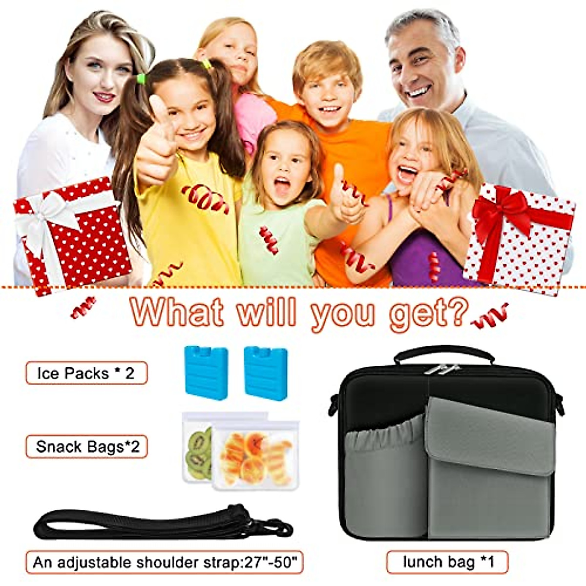 TORRYZA Kids Lunch Box,Expandable Lunch box for Men/Boys,Insulated Lunch Bag for Kids,Double Insulated with 2 Reusable Storage Bags & 2 Ice Packs,Lunch Tote Bag for Office/Picnic-Grey&Black