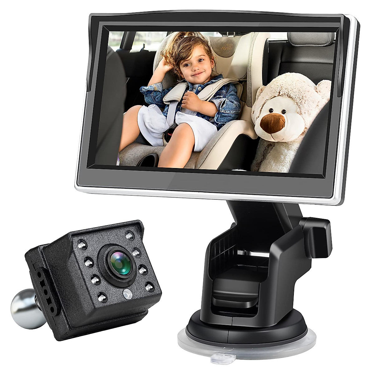 EMSIKC 5 Inch AHD Baby Car Mirror,1080P Sucker Bracket Monitor Display with Infrared Night Vision Function Baby Car Camera,View Infant in Rear Facing Seat with 150°Wide View