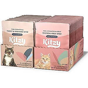 Amazon Brand - Kitzy Wet Cat Food, Variety Pack (Turkey & Vegetable/Chicken & Beef ) Stew Cuts in Gravy, Grain Free, 3 Oz Pouches (Pack of 24)