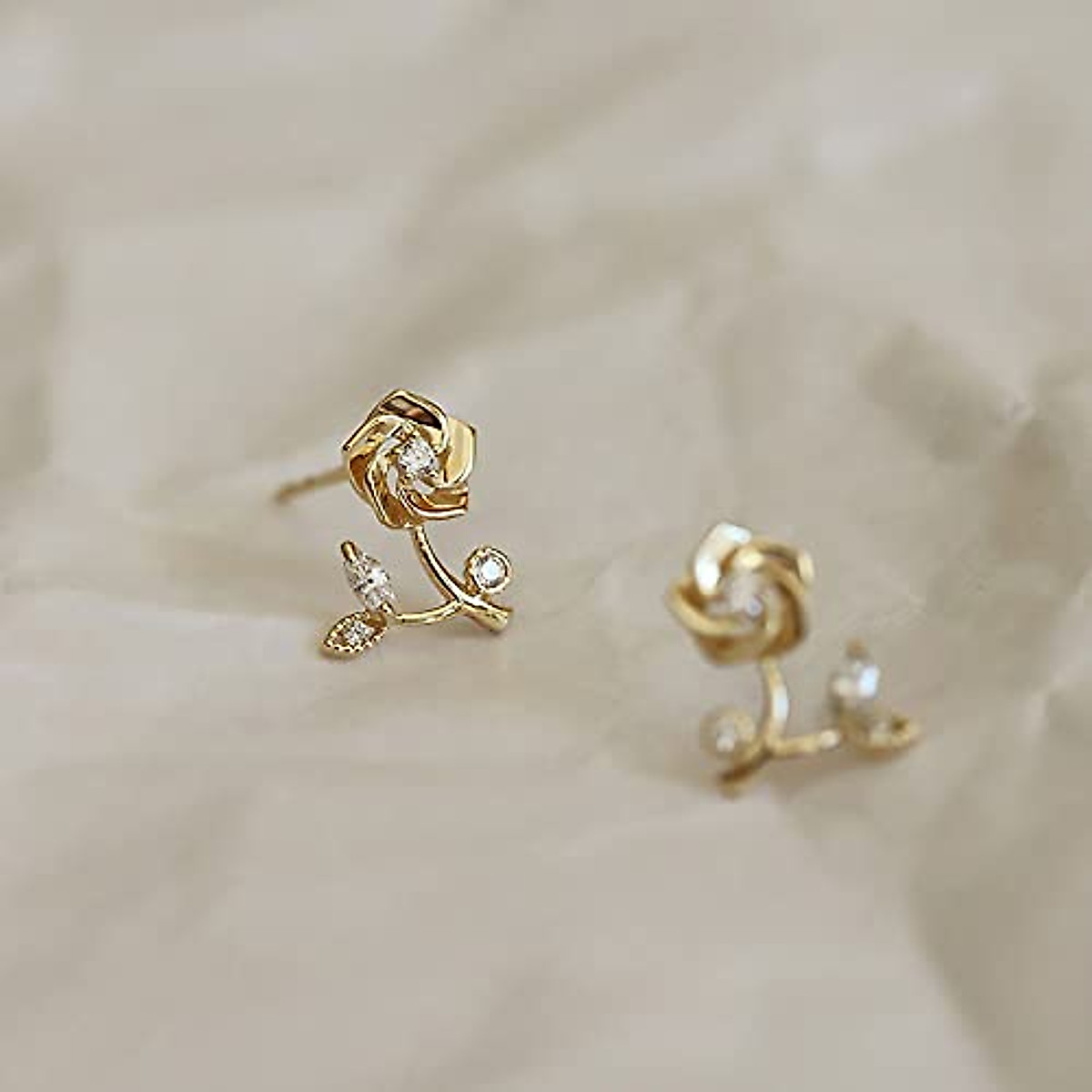 Cute Rose Flower Stud Earrings for Women Teen Girls 925 Sterling Silver Cubic Zirconia Cartilage Tiny Small Studs Earring Dainty Jewerly Birthday Gifts Hypoallergenic (Gold)