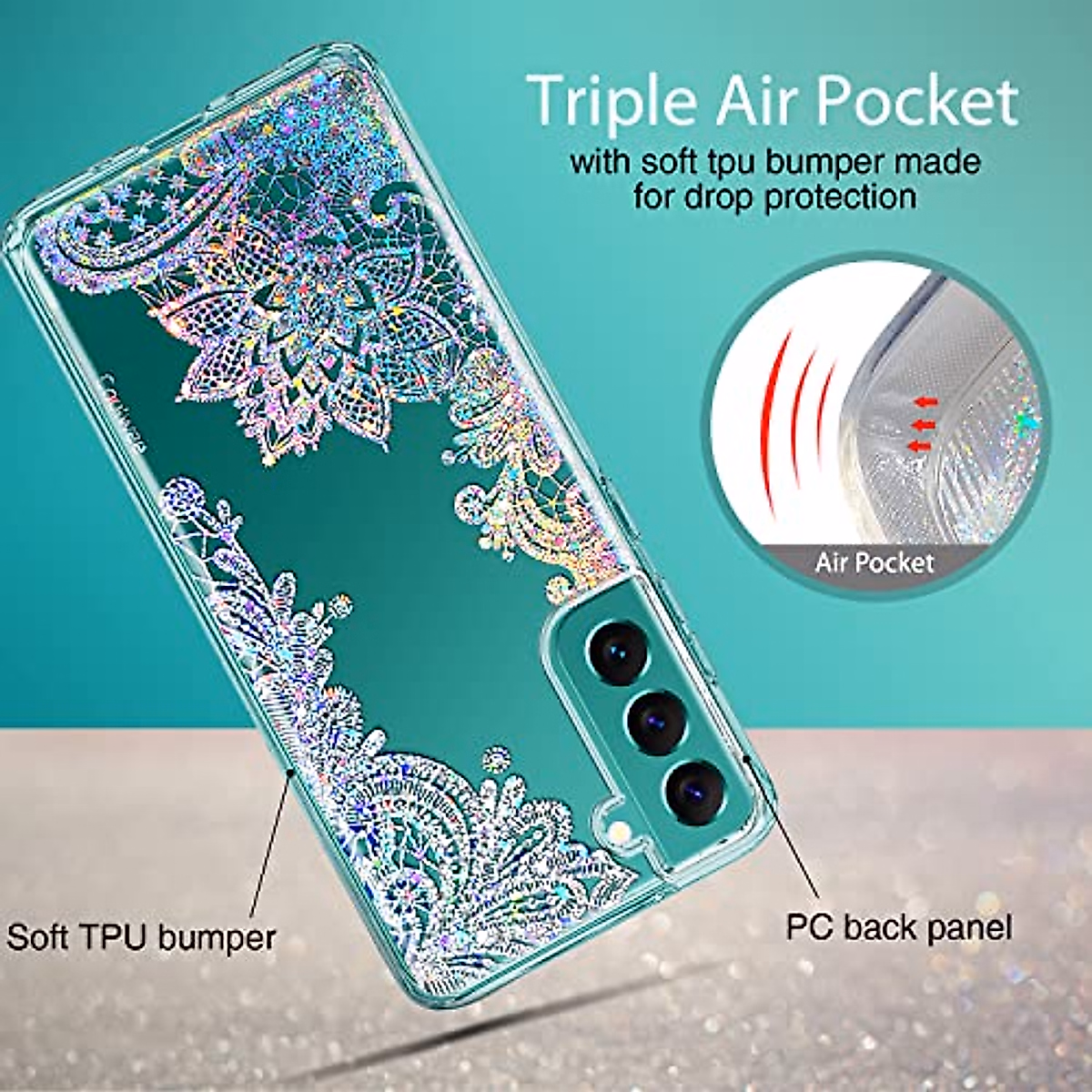 Coolwee Anti Yellowing Clear Glitter for Samsung Galaxy S22 Plus, 6.6 inch, Thin Flower Slim Cute Crystal Lace Bling Women Girls Floral Plastic Hard Back Soft TPU Bumper Protective Cover Mandala Henna
