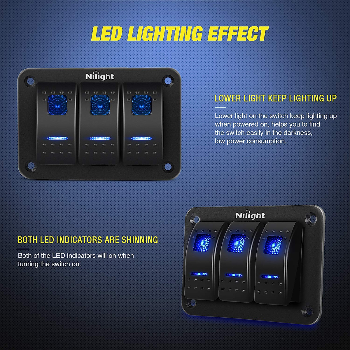 Nilight 90017C 3 Gang Aluminum Panel Toggle Dash 5 Pin On/Off Pre-Wired Rocker Switch Holder for Automotive Car Marine Boat, 2 Years Warranty,Blue