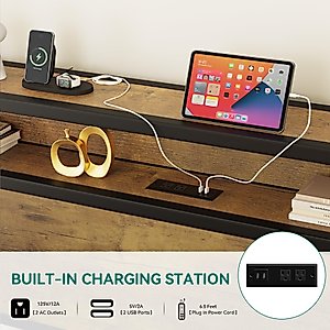 YITAHOME Lift Storage Bed Frame, Queen Size Bed Frame with 2-tier Storage Shelf Headboard, LED Light Platform Bed Frame with Charging Station, No Spring Box Needed, Rustic Brown